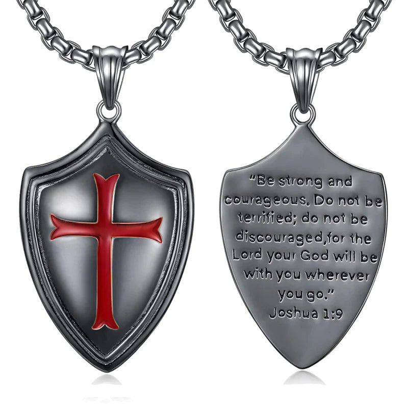 Sterling Silver Knights Templar Cross Joshua 1:9 Shield Necklace with ...
