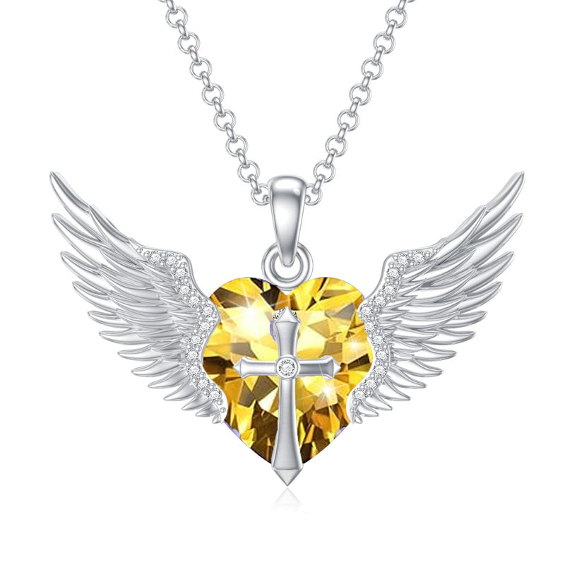 Sterling Silver Birthstone Angel Wings&Cross Pendant Necklace– romanticwork