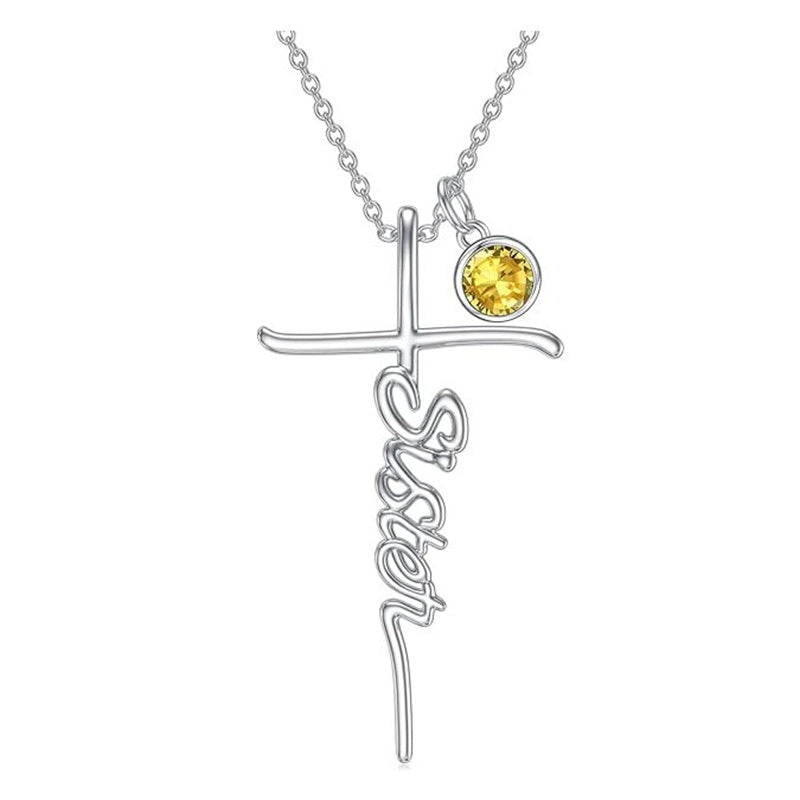Sterling Silver Birthstone Sister Cross Pendant Necklace– romanticwork