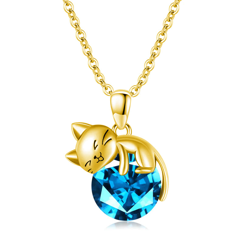 14K Gold Cat Necklace with Birthstone Cat Pendant Necklace Gift for Wo– romanticwork