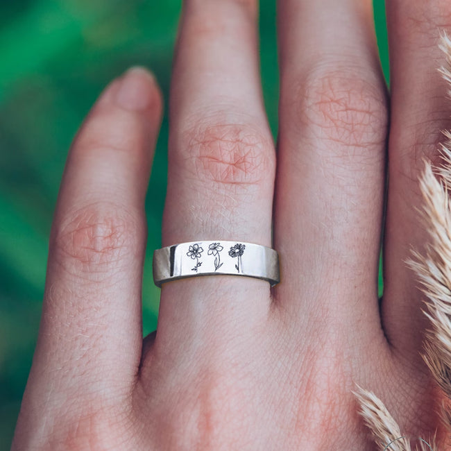Sterling Silver Personalized Engraved Birth Month Flower Nature Ring ...