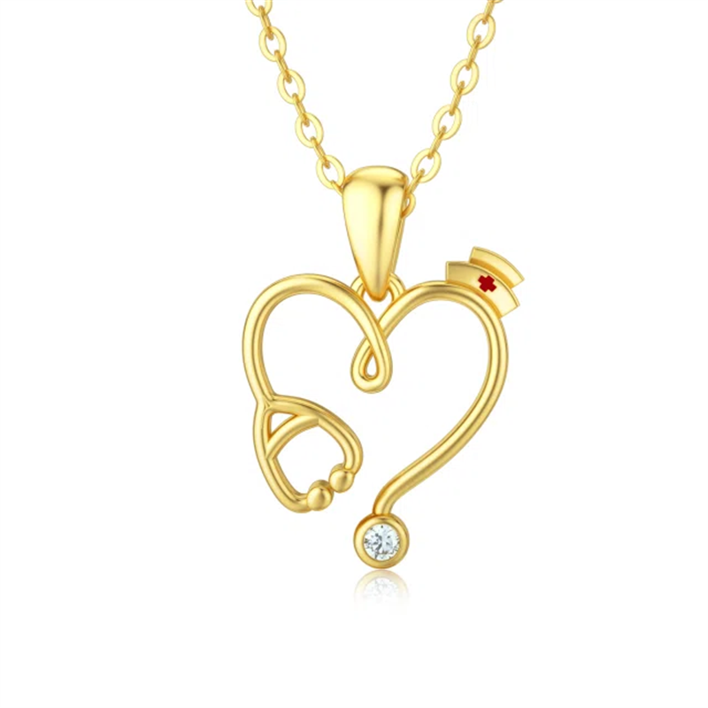 14K Gold Heart-Shaped Stethoscope Pendant Necklace– romanticwork