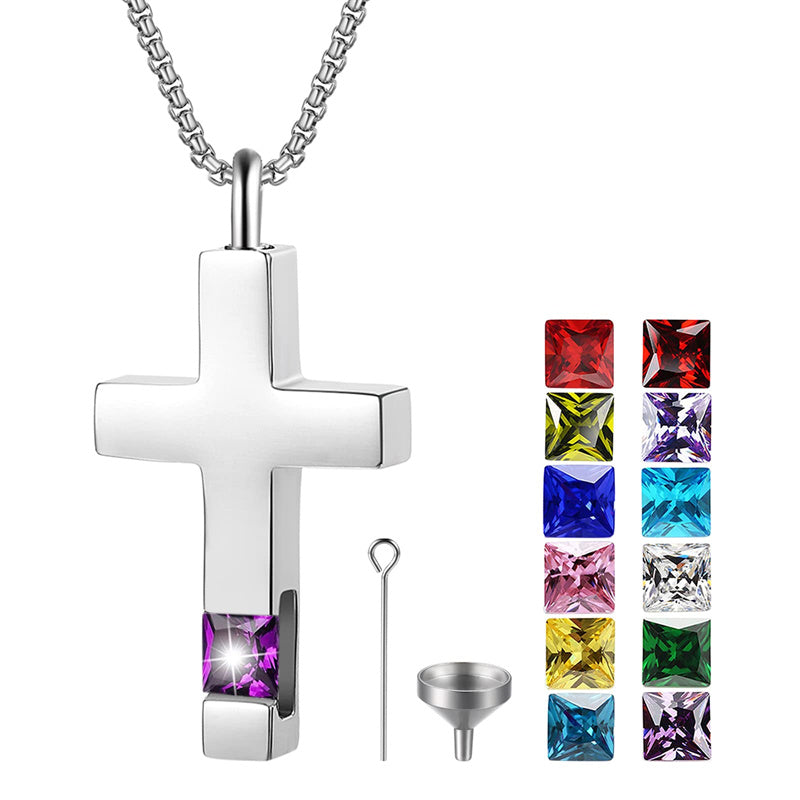 Stainless Steel Birthstones Cross Urn Necklaces for Ashes– romanticwork