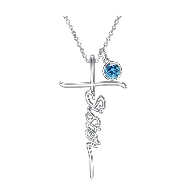Sterling Silver Birthstone Sister Cross Pendant Necklace– romanticwork