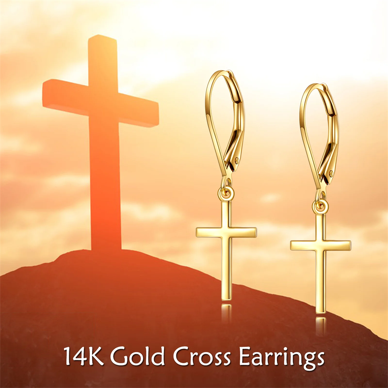 14K Gold Cross Leverback Earrings– romanticwork