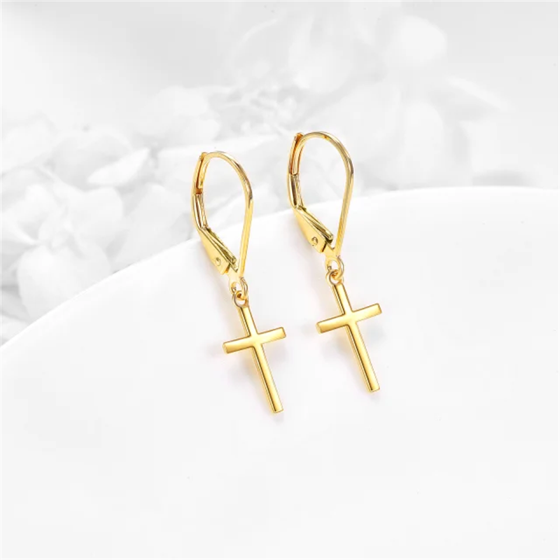 10K 14K 18K Gold Cross Leverback Earrings– romanticwork