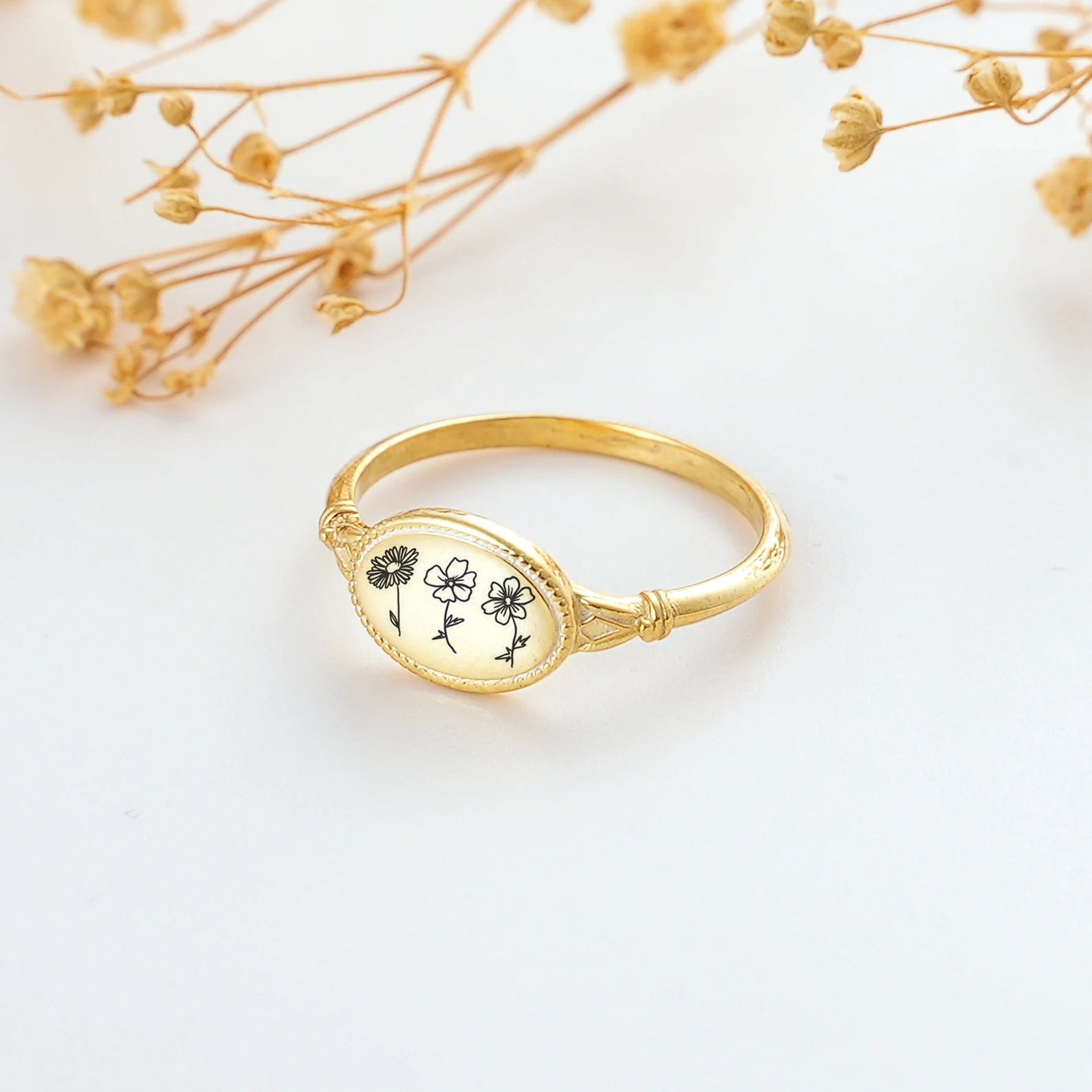 Sterling Silver Personalized Birth Flower Ring Wildflower Nature Ring ...