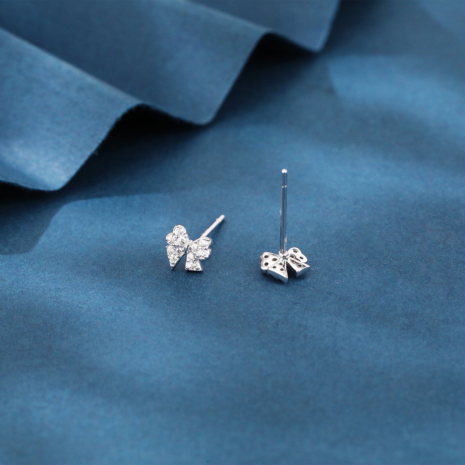 925 Sterling Silver Elegant Butterfly Zircon Earrings On Dark Blue Vel ...