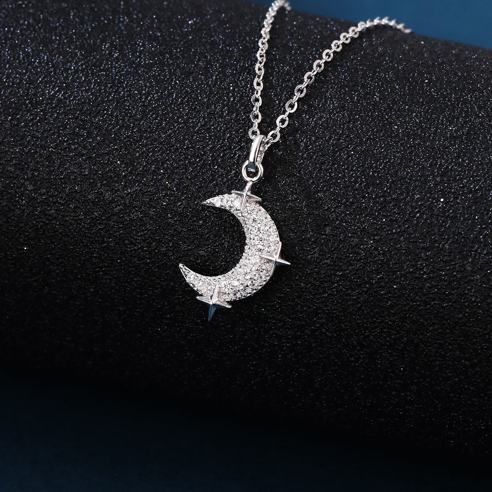 925 Sterling Silver Silver Crescent Moon And Star Zircon Pendant Neckl ...