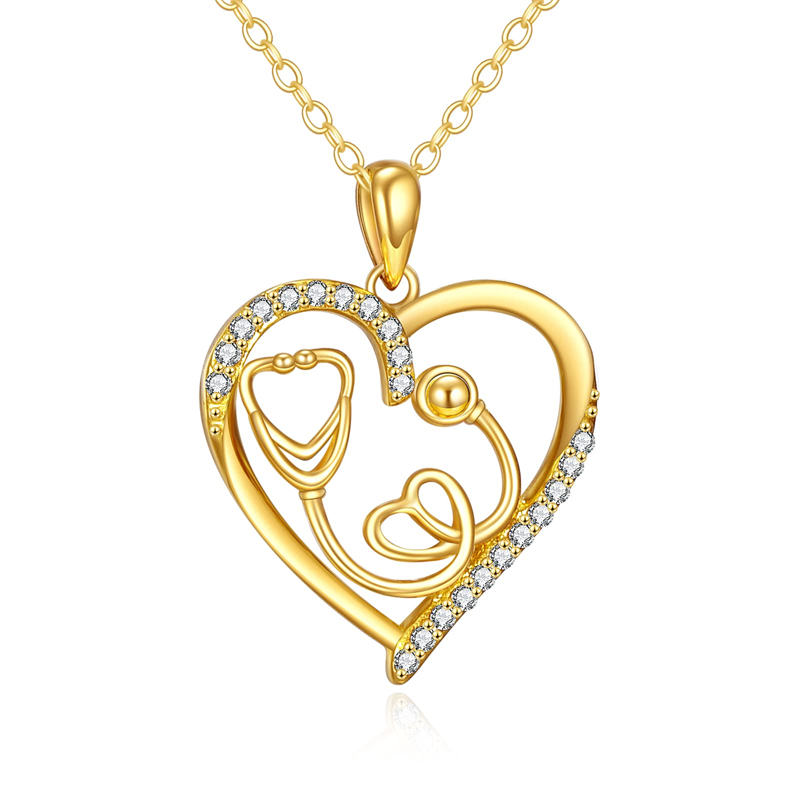 14K Gold Heart-Shaped Stethoscope Pendant Necklace– romanticwork