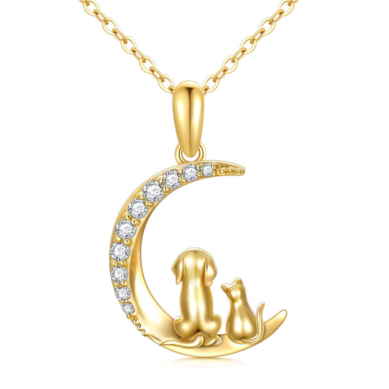 14K Gold Cubic Zirconia Dog and Cat Moon Pendant Necklace– romanticwork