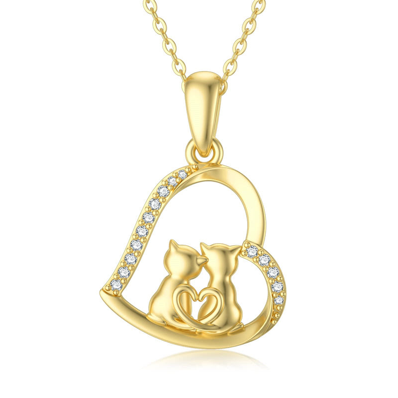 10K 14K 18K Gold 5A Cubic Zircon Cat Heart Pendant Necklace– romanticwork