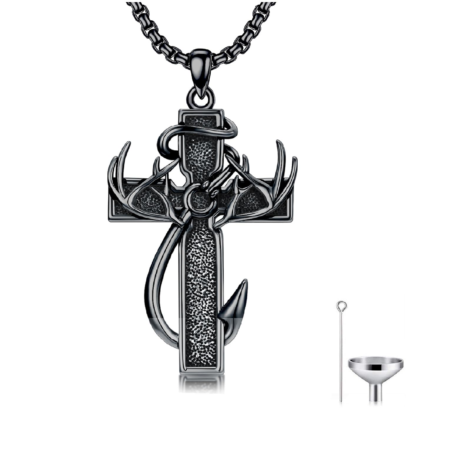 Sterling Silver Deer Antler Fish Hook & Cross Urn Necklace for Ashes ...