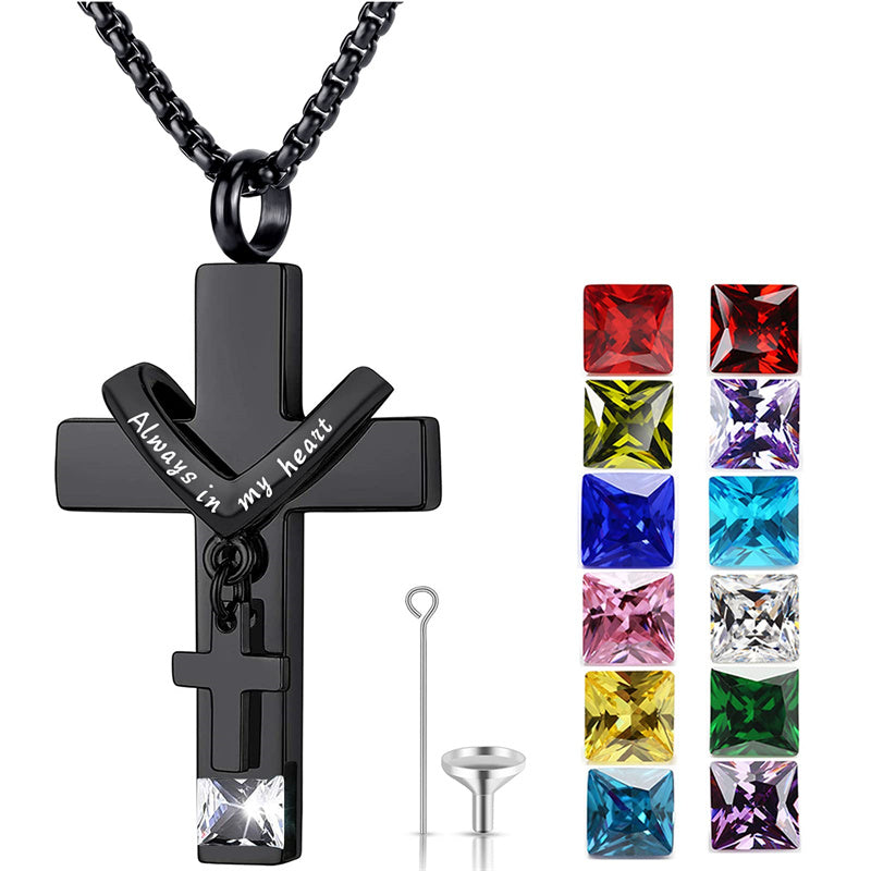 Stainless Steel Birthstones Cross Urn Necklaces for Ashes– romanticwork