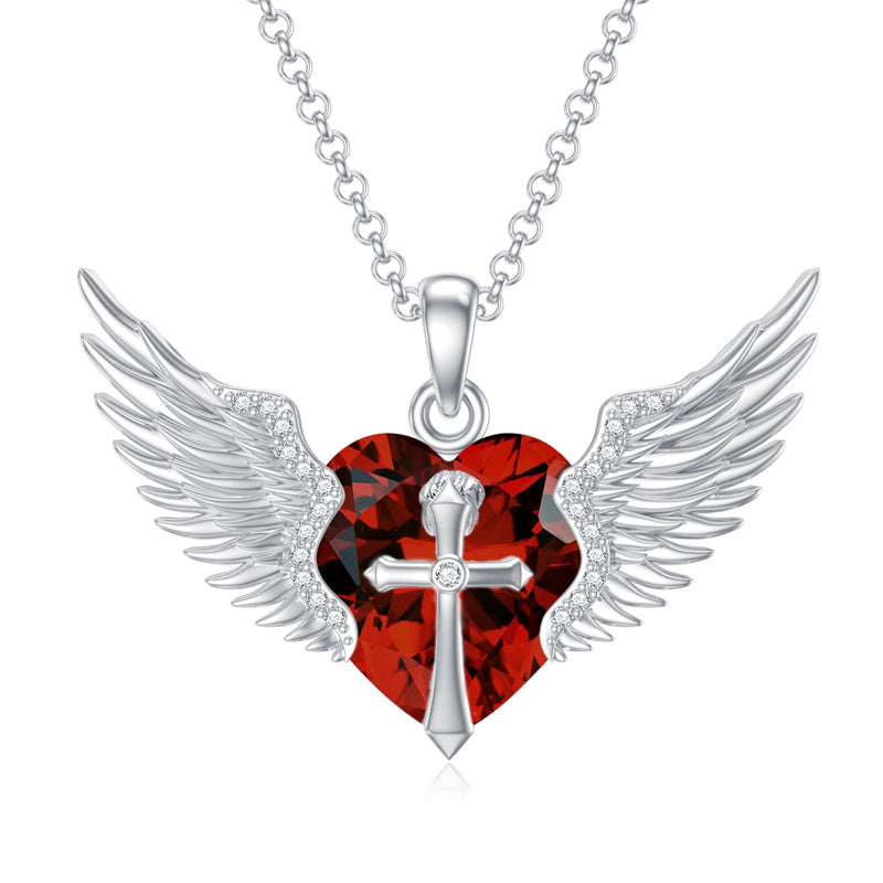 Sterling Silver Birthstone Angel Wings&Cross Pendant Necklace– romanticwork