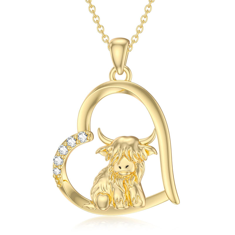 10K 14K 18K Gold Heart Highland Cow Pendant Necklace– romanticwork
