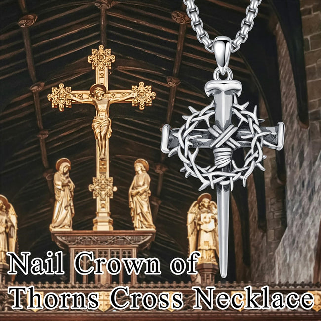 Sterling Silver Crown of Thorn Three Nail Cross Pendant Necklace ...