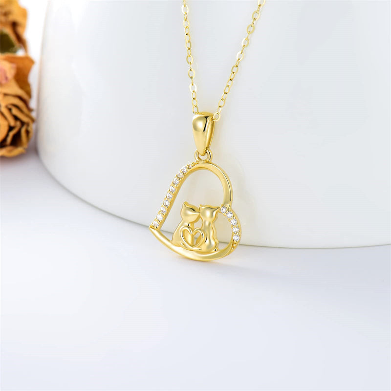 14K Gold 5A Cubic Zircon Cat Heart Pendant Necklace– romanticwork