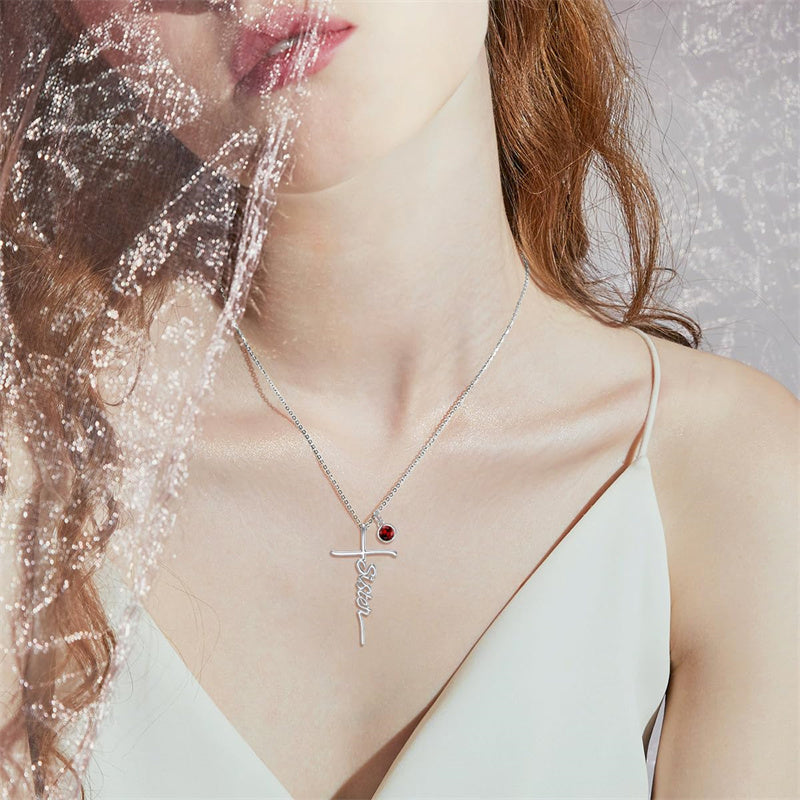 Sterling Silver Birthstone Sister Cross Pendant Necklace– romanticwork