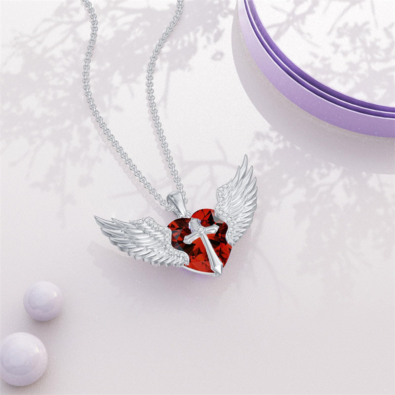 Sterling Silver Birthstone Angel Wings&Cross Pendant Necklace– romanticwork