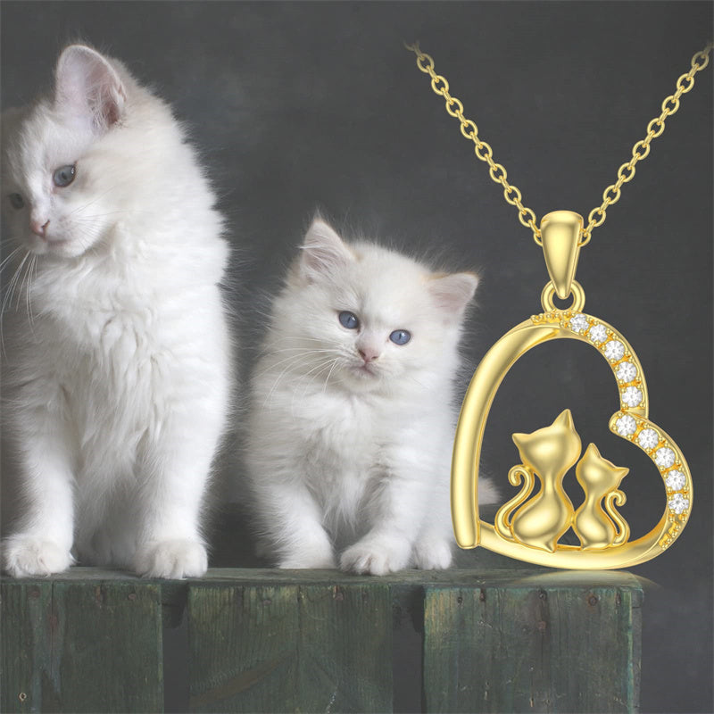 10K 14K 18K Gold 5A Cubic Zircon Cat Heart Pendant Necklace– romanticwork