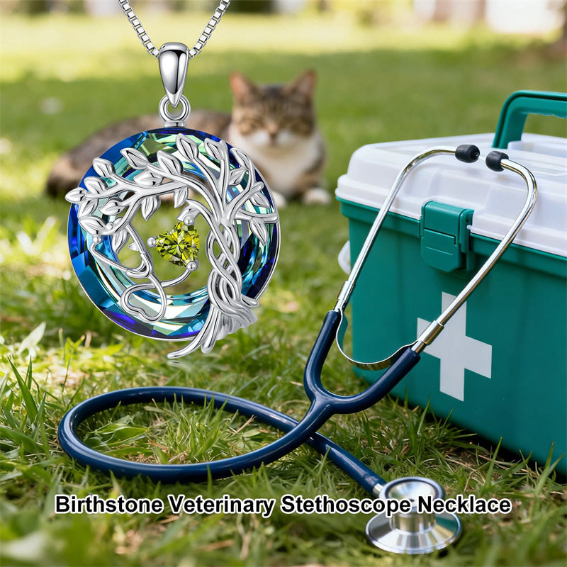 Sterling Silver Birthstone Crystal Tree of Life Stethoscope Pendant Ne ...