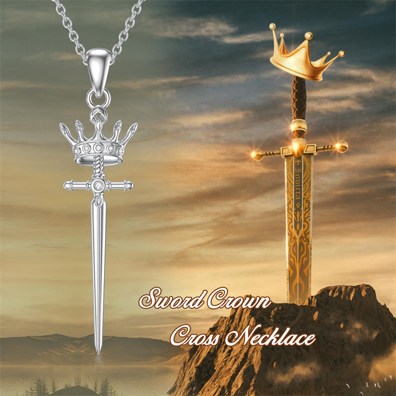 Sterling Silver Crown Sword Pendant Necklace– romanticwork
