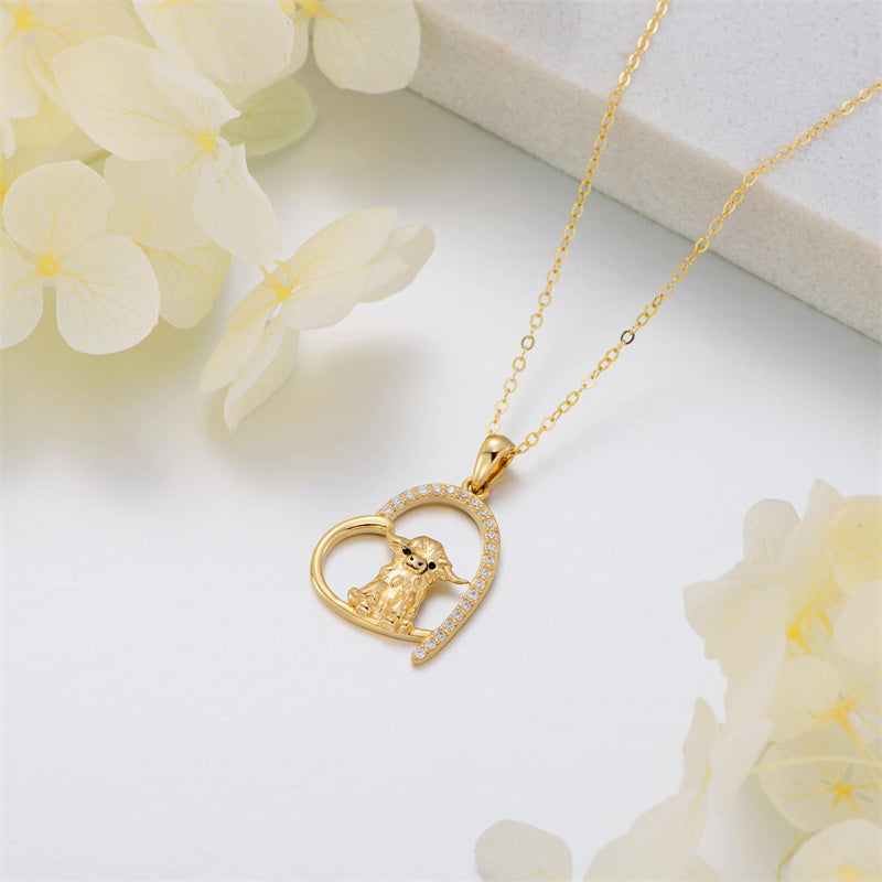 10K 14K 18K Gold Heart Highland Cow Pendant Necklace– romanticwork