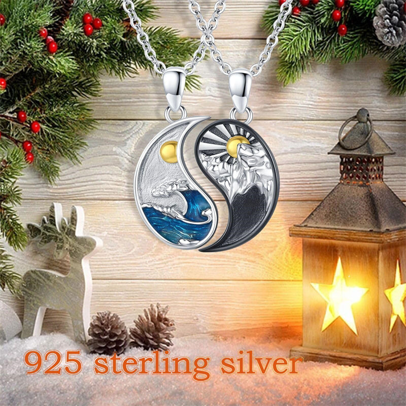 Sterling Silver Yin Yang Sun Moon Mountain Tree of Life Couple Necklac ...