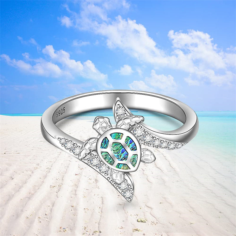 Sterling Silver Turtle Abalone Shell Ocean Wave Ring– romanticwork
