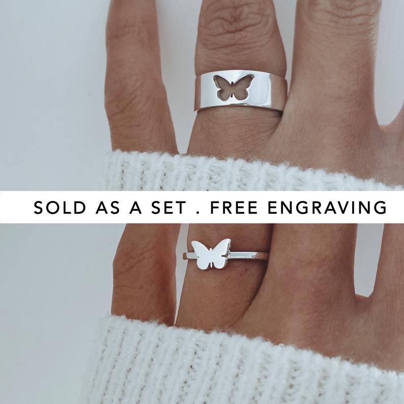 Sterling Silver Butterfly Matching Set Couple Rings– romanticwork