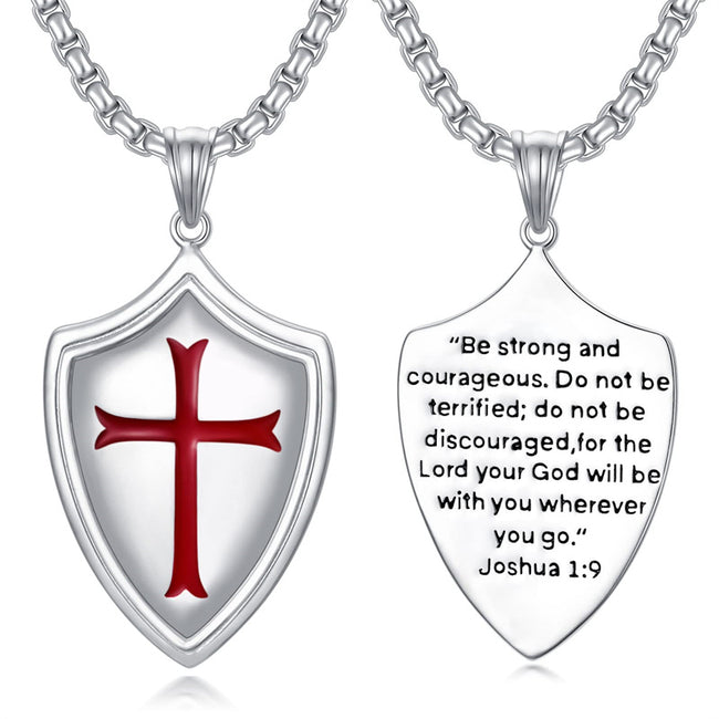Sterling Silver Knights Templar Cross Joshua 1:9 Shield Necklace with ...