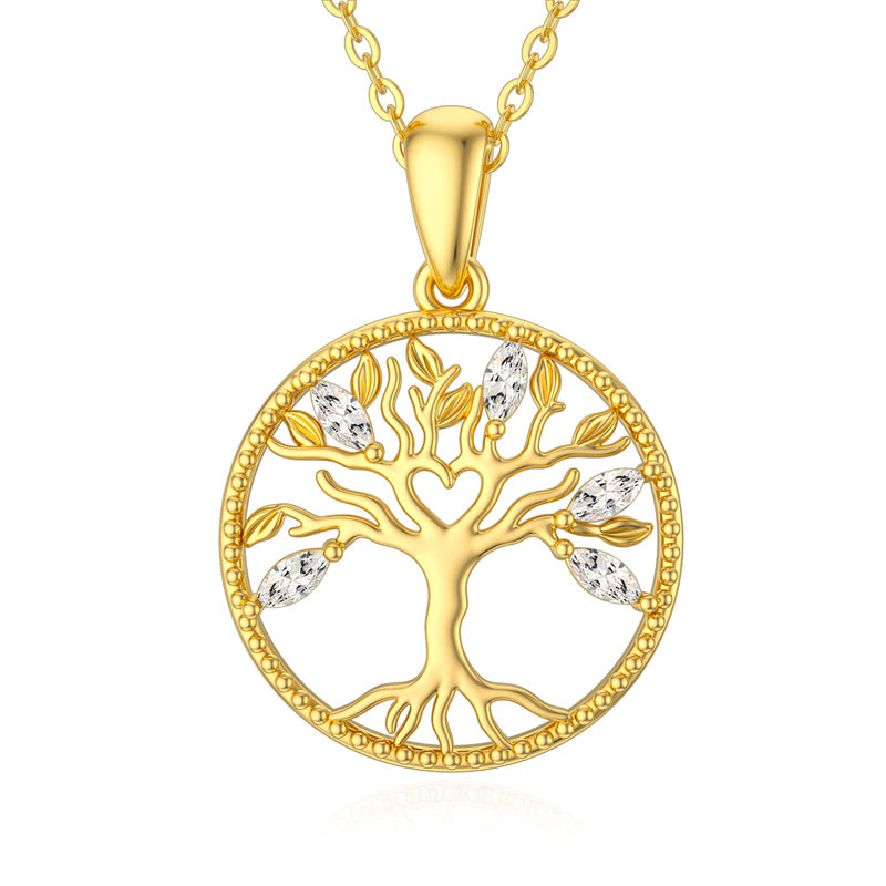 10K 14K 18K Gold 5A Cubic Zirconia Tree of Life & Family Pendant Neckl ...