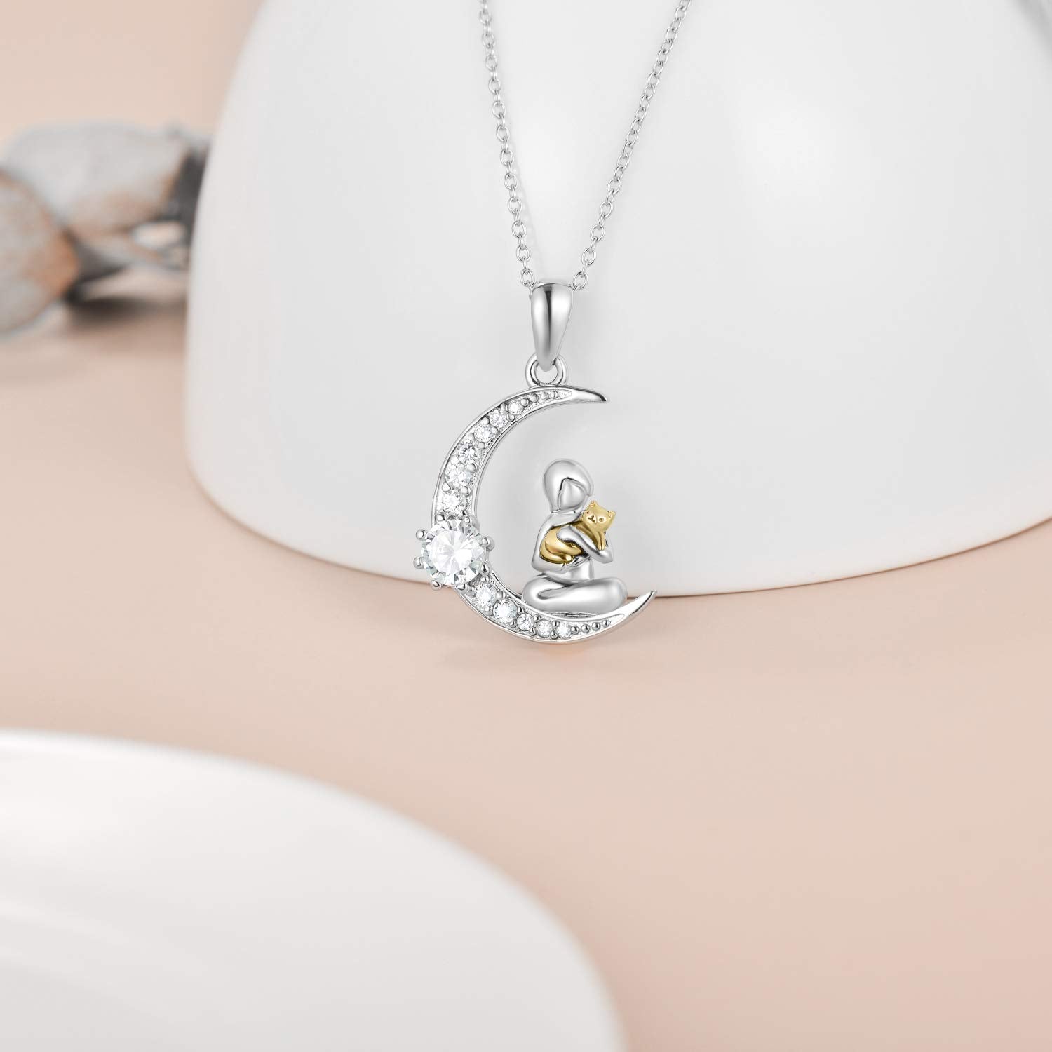 Sterling Silver Birthstone Moon Cat Pendant Necklace– romanticwork