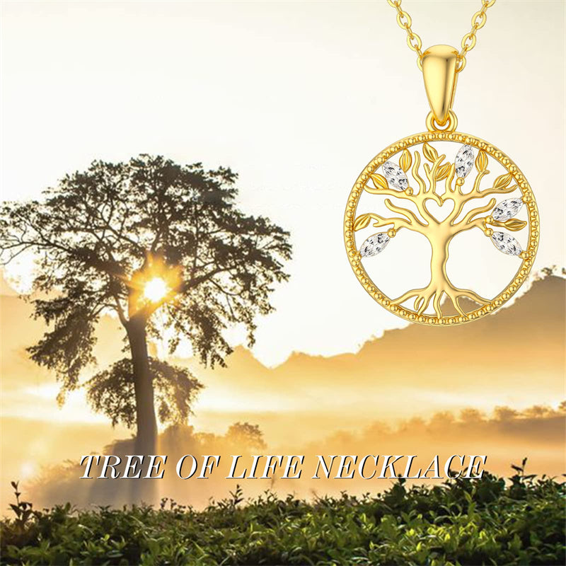 10K 14K 18K Gold 5A Cubic Zirconia Tree of Life & Family Pendant Neckl ...