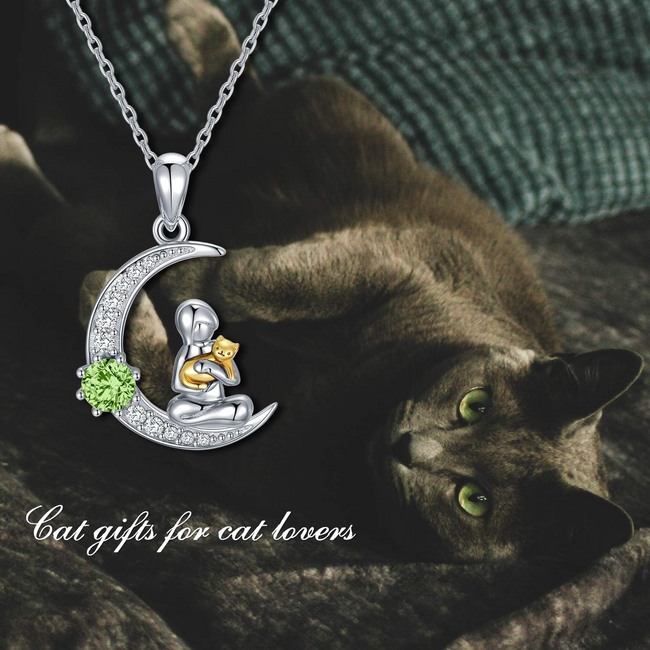 Sterling Silver Birthstone Moon Cat Pendant Necklace– romanticwork